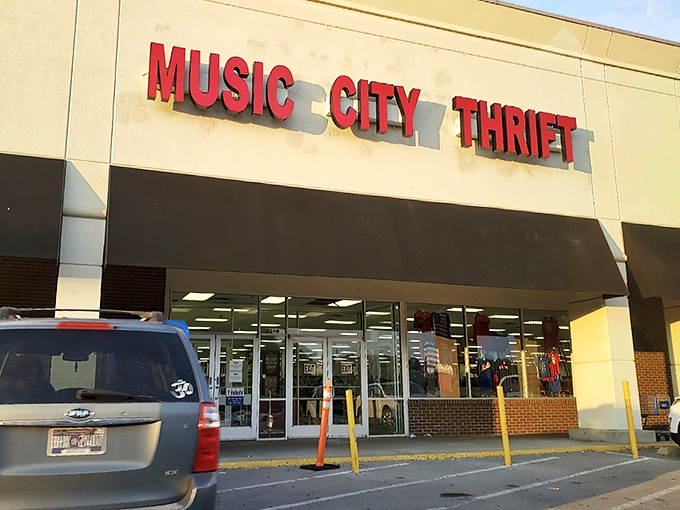 "Welcome to the Promised Land of Preloved Treasures!" Music City Thrift's exterior beckons like a siren song to bargain hunters and nostalgia seekers alike.