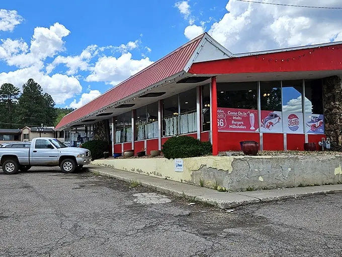 Route 66 never looked so delicious! Goldie's red exterior is like a beacon for hungry travelers, promising classic diner delights inside.