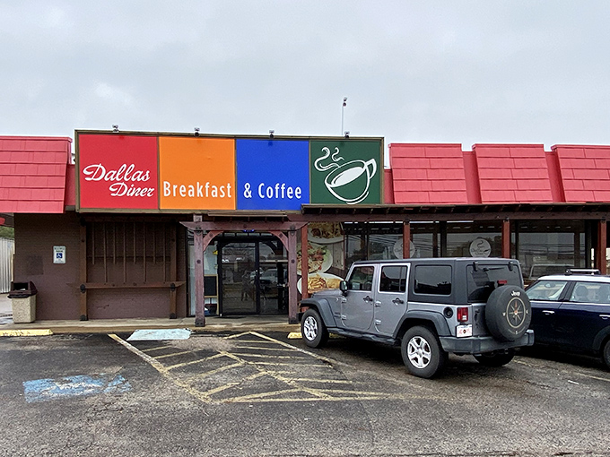 A rainbow of flavor awaits! This diner's vibrant exterior is like a beacon for breakfast lovers, promising a feast for both eyes and taste buds.