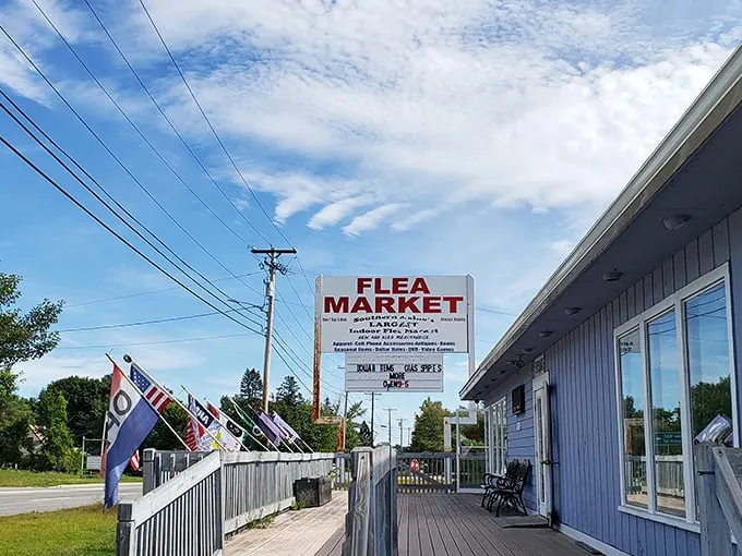 Welcome to the treasure hunter's paradise! This unassuming blue building holds more stories than your grandma's attic – and probably a few of her lost earrings too.