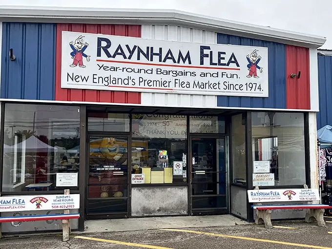 Step right up to bargain heaven! The Raynham Flea Market's patriotic facade promises a star-spangled shopping spree that'll make your wallet salute with joy.