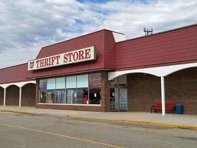A bargain hunter's paradise awaits! This red-brick behemoth is like a siren call to thrifty shoppers everywhere.