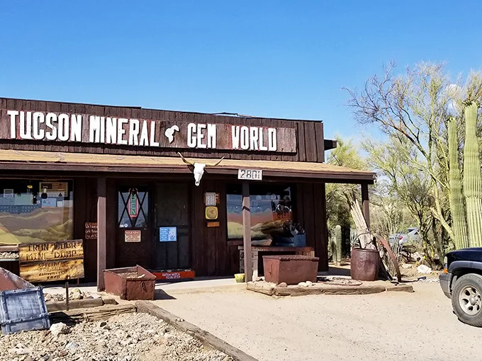 Welcome to Jurassic Park… I mean, Tucson Mineral & Gem World! This rusty T-Rex might not bite, but the shop's treasures inside certainly have bite.