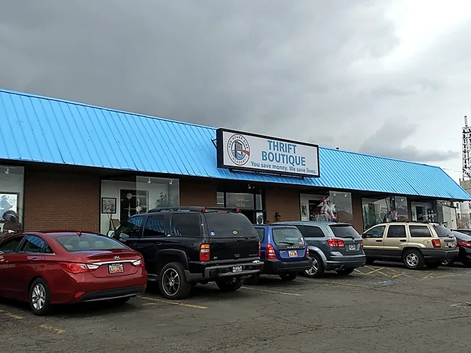 Blue skies and bargains await! This unassuming storefront hides a treasure trove of thrifty delights, like a secret cave of wonders for the budget-savvy shopper.