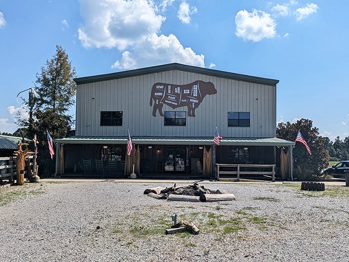 Next Exit: Flavor Town!" This unassuming exterior hides a carnivore's paradise. Who knew steak heaven was just off the highway?