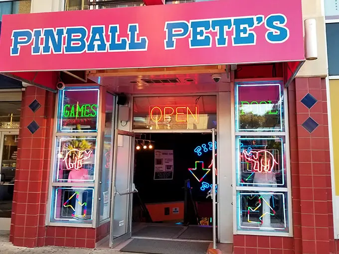 Step right up to the neon-lit wonderland! Pinball Pete's facade is like a siren song for your inner child, promising endless bleeps and bloops.