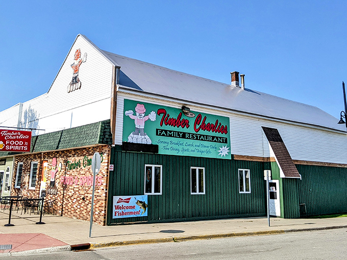 Welcome to Timber Charlie's, where the lumberjack spirit meets gourmet comfort! This charming exterior promises a feast fit for Paul Bunyan himself.