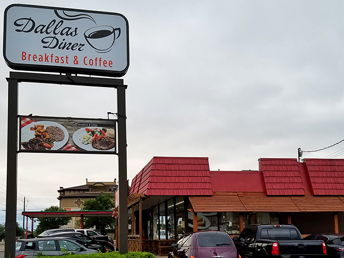 A rainbow of flavor awaits! This diner's vibrant exterior is like a beacon for breakfast lovers, promising a feast for both eyes and taste buds.