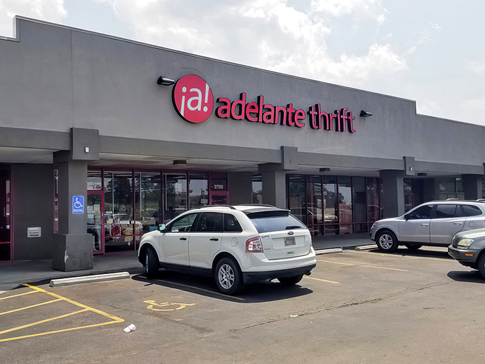 "¡Adelante!" It's not just a name, it's an invitation to adventure. This thrift store's exterior promises treasures waiting to be discovered inside.