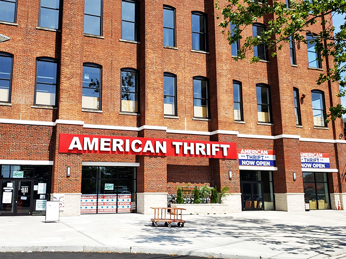Welcome to the brick-and-mortar wonderland of American Thrift! This unassuming facade hides a treasure trove that would make Indiana Jones jealous.
