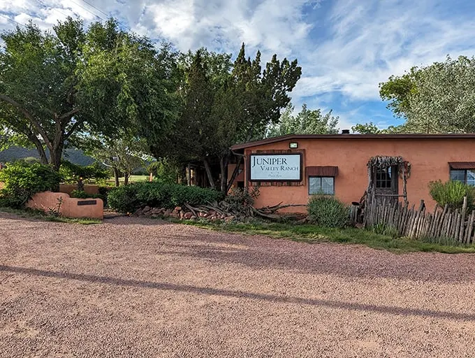 Welcome to chicken paradise! Juniper Valley Ranch's rustic adobe exterior promises a journey back in time and a feast for the senses.