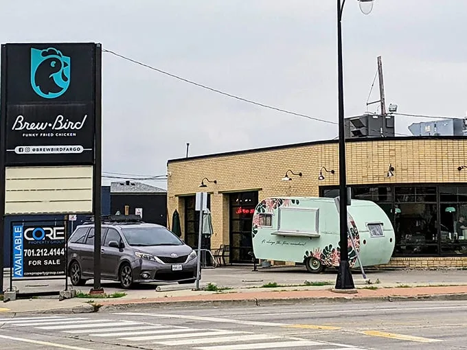 Brew Bird's curved brick exterior isn't just a wall—it's a warm hug welcoming you to flavor town. This unassuming facade hides a world of culinary delights waiting to be discovered.