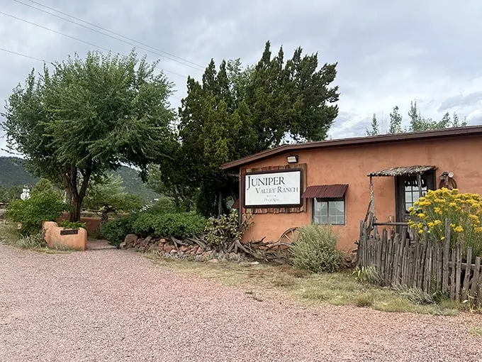 Welcome to chicken paradise! Juniper Valley Ranch's rustic adobe exterior promises a journey back in time and a feast for the senses.