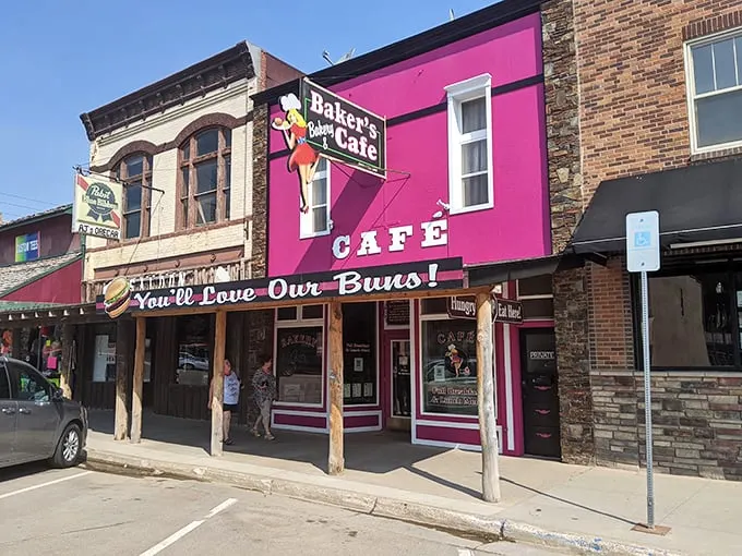 A pink paradise for pastry lovers! Baker's Bakery & Cafe stands out like a frosted cupcake on Custer's main street, promising sweet delights and savory treats for hungry travelers.