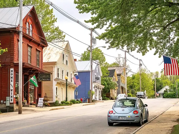 Strolling down this street is like stepping into a Norman Rockwell painting, but with better Wi-Fi. Colorful houses, American flags, and a VW Beetle – it's quintessential small-town charm with a modern twist.