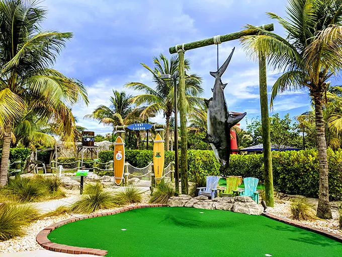 Shark's eye view of paradise! This mini-golf hole combines the thrill of Jaws with the serenity of a beach vacation.