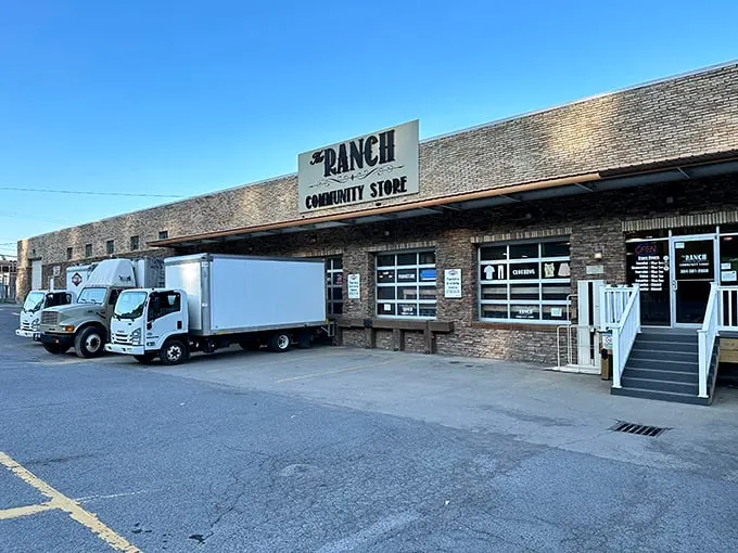 Welcome to The Ranch, where bargain hunting meets adventure! This rustic exterior promises treasures within, like a thrift store disguised as a frontier outpost.