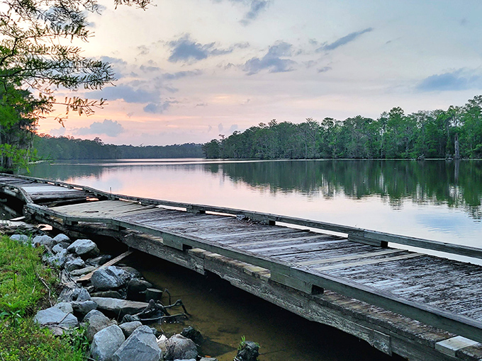 Sunset serenity or nature's TV? This wooden pier offers front-row seats to Louisiana's most captivating evening show.