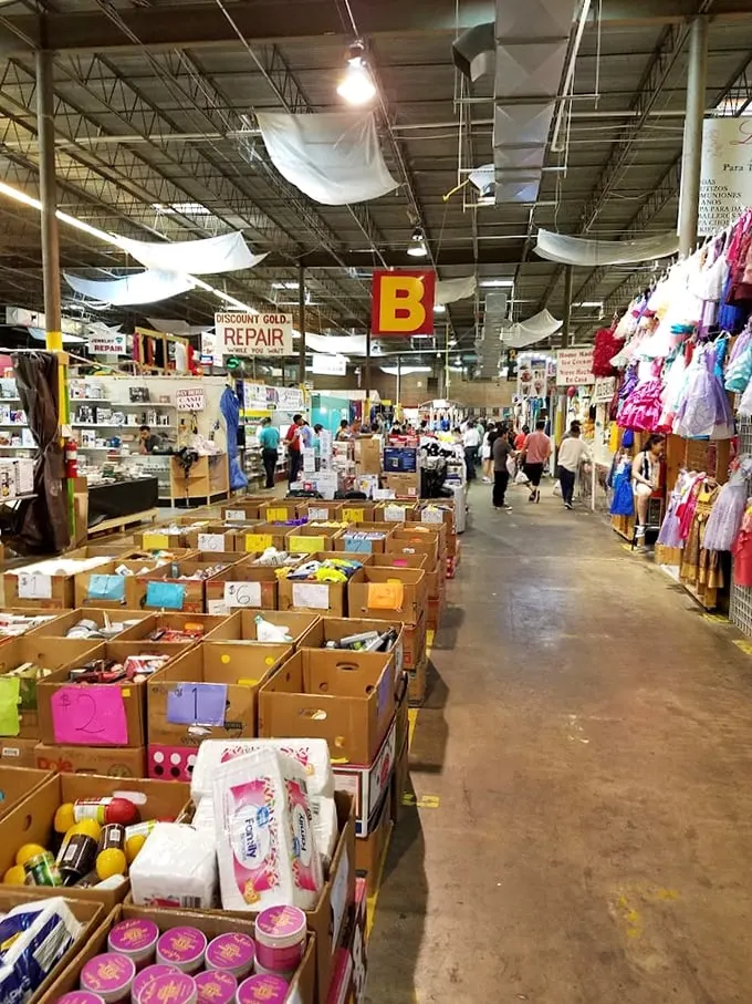 Step right up to the carnival of commerce! This flea market aisle is a kaleidoscope of neon signs, cowboy hats, and endless possibilities.