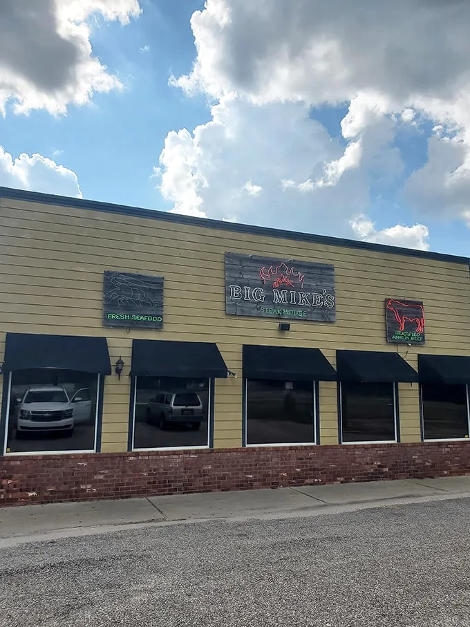 Welcome to Big Mike's, where the steaks are so good, they should have their own fan club. This unassuming exterior hides a carnivore's paradise within.