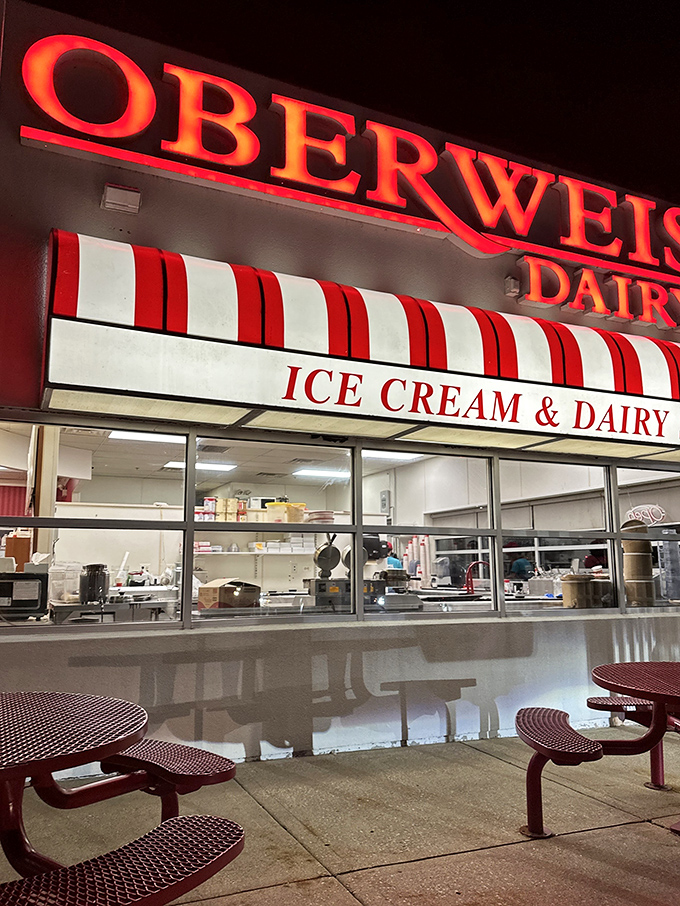 Welcome to dairy paradise! Oberweis beckons with its iconic red awning and promise of creamy delights. It's like Willy Wonka's factory, but for ice cream lovers.