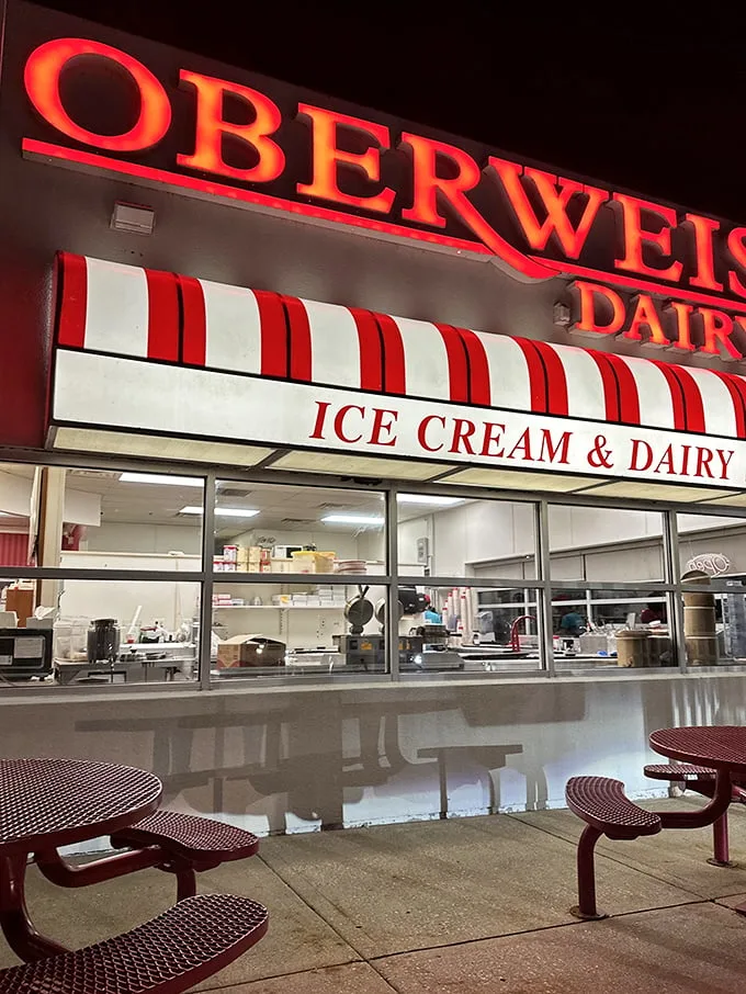 Welcome to dairy paradise! Oberweis beckons with its iconic red awning and promise of creamy delights. It's like Willy Wonka's factory, but for ice cream lovers.