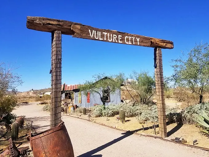 Welcome to the Wild West! Vulture City's entrance beckons with rustic charm and a promise of adventure. Just don't expect any vultures to greet you personally.