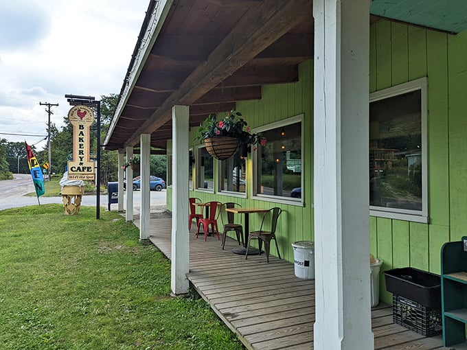 A green oasis of carb-laden delights! Red Hen Baking's charming exterior promises a feast for the senses, with its quaint sign beckoning hungry travelers like a lighthouse for the famished.