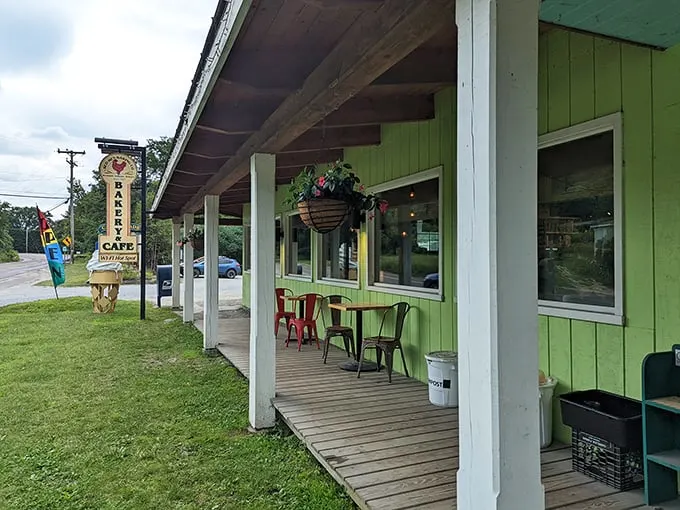 A green oasis of carb-laden delights! Red Hen Baking's charming exterior promises a feast for the senses, with its quaint sign beckoning hungry travelers like a lighthouse for the famished.