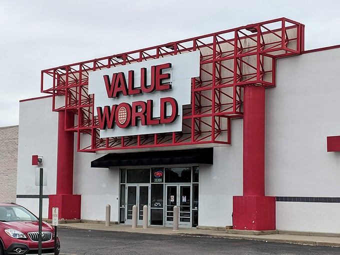Welcome to Value World, where bargain hunters' dreams come true! This red-and-white facade promises a treasure trove of deals inside.