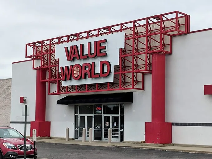 Welcome to Value World, where bargain hunters' dreams come true! This red-and-white facade promises a treasure trove of deals inside.