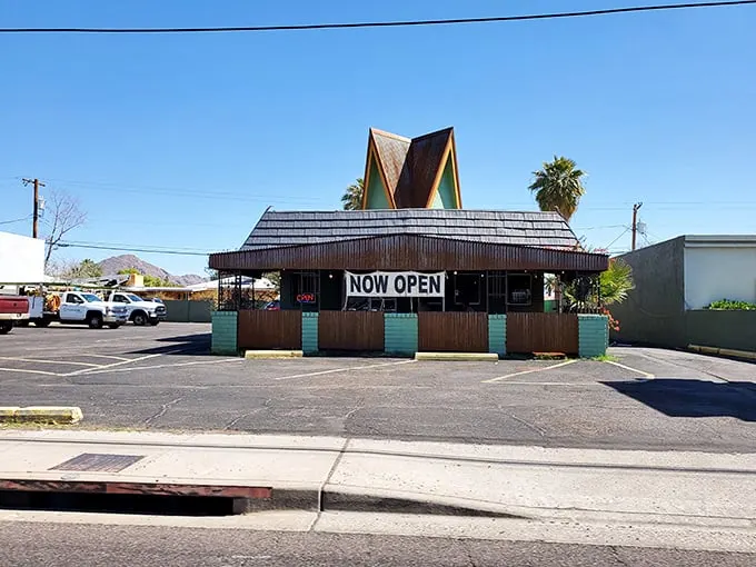 Welcome to Mrs. Chicken, where the A-frame roof isn't just for show – it's a beacon of crispy, juicy hope in the Arizona desert.