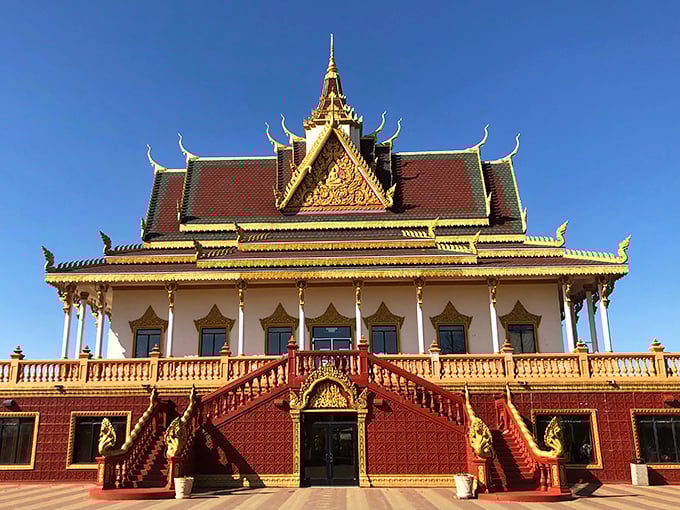 A golden crown jewel in the Minnesota cornfields! This temple's vibrant hues and intricate details make it a feast for the eyes.