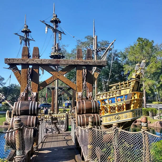 Ahoy, matey! This swashbuckling entrance is like stepping onto the set of "Pirates of the Caribbean" – minus Johnny Depp's eyeliner.