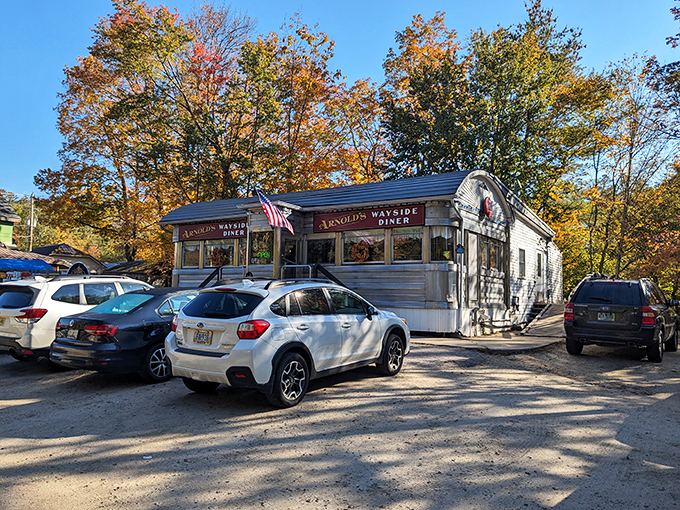 A time capsule on wheels! Arnold's Wayside Diner sits pretty amidst autumn foliage, promising a feast for both eyes and stomach.