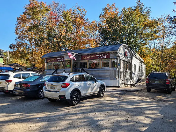A time capsule on wheels! Arnold's Wayside Diner sits pretty amidst autumn foliage, promising a feast for both eyes and stomach.