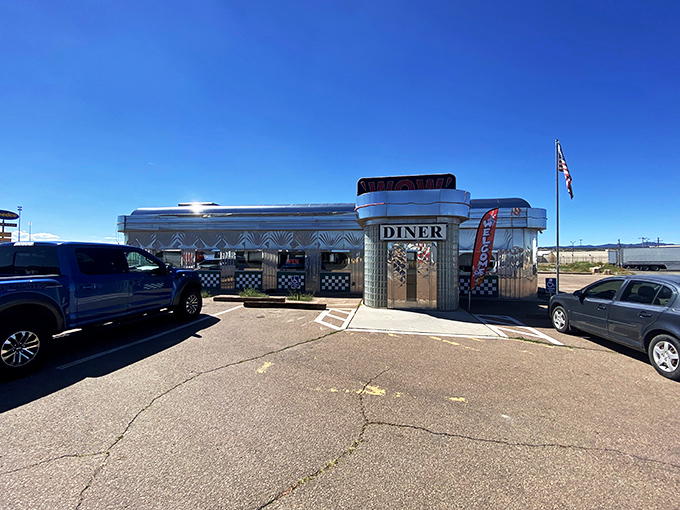 Shiny and chrome, this diner's exterior is straight out of a '50s sci-fi flick. Beam me up, Scotty – I'm ready for some out-of-this-world breakfast!