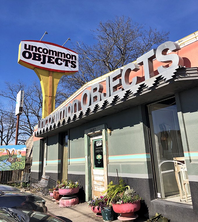 Welcome to Uncommon Objects, where the sign promises a journey into the weird and wonderful world of Austin's quirkiest treasures!