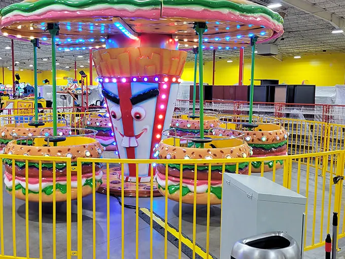 Hold onto your buns! This wacky burger ride is serving up a side of dizzying fun with every rotation. No ketchup required.