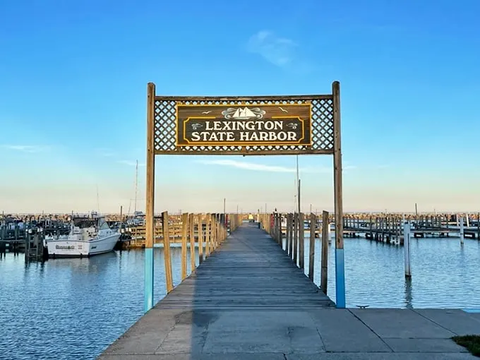 Welcome to boat paradise! Lexington State Harbor's sign might as well read 'Leave your worries at the shore.'