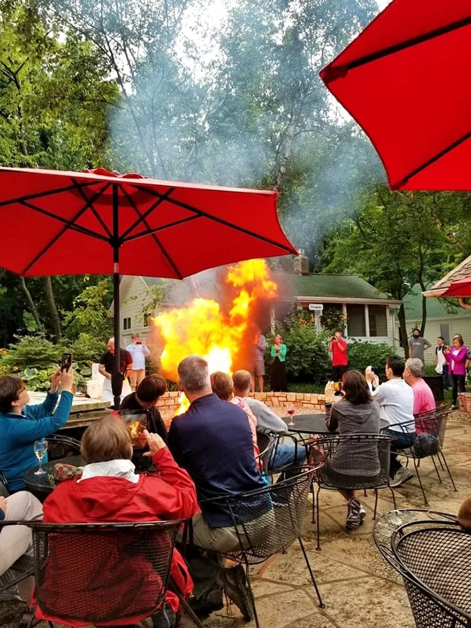 Dinner and a show: Guests gather 'round as the fish boil reaches its fiery finale—talk about playing with your food!