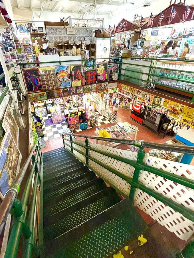 Stairway to heaven… or at least to more antiques! This colorful descent promises a kaleidoscope of vintage wonders below.