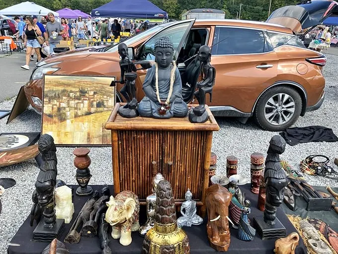 Buddha meets Bridgeville in this eclectic sculpture display. Who knew enlightenment could be found at a flea market?
