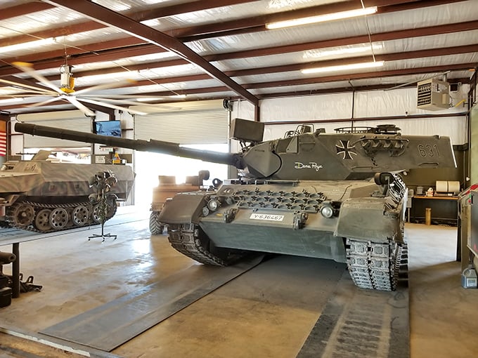 "Parallel parking practice, extreme edition." A massive tank stands ready in the garage, daring visitors to take it for a spin.