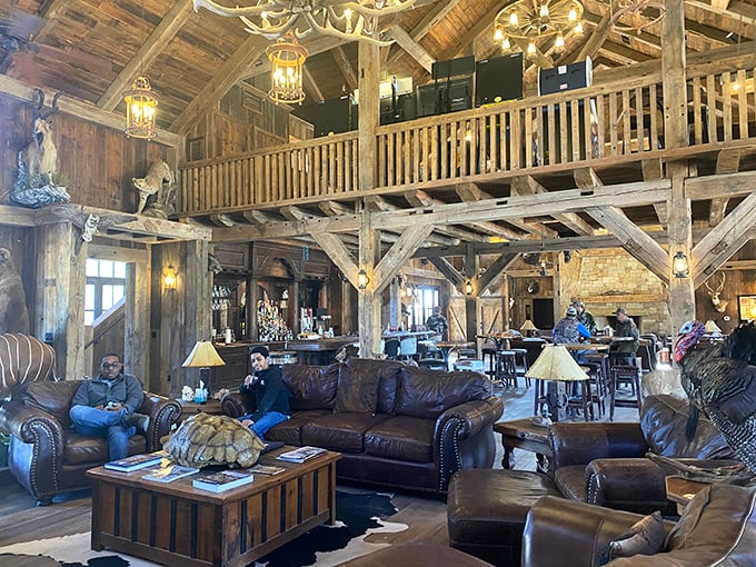 "Where John Wayne meets Martha Stewart." The rustic yet cozy lounge area offers a perfect spot to swap tank-driving stories.