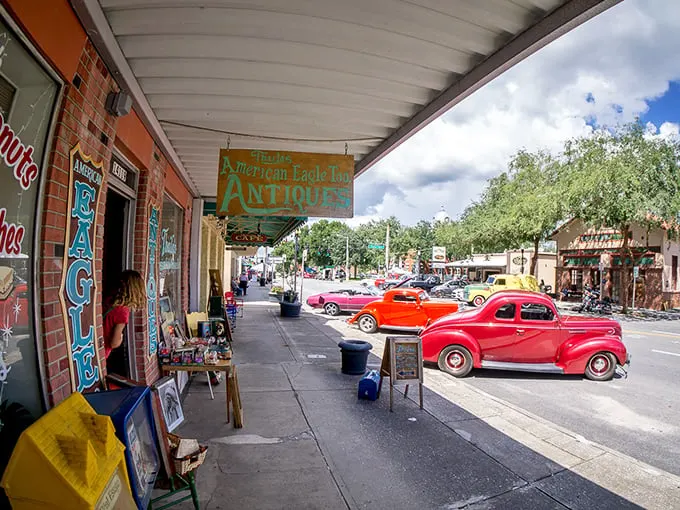 Vintage vibes on full display: Classic cars and antique shops create a scene straight out of "Back to the Future" – Great Scott!