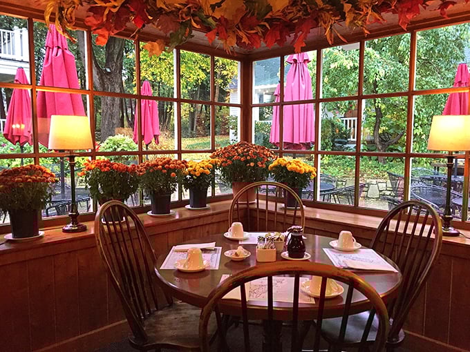 Autumn's canvas: Fall paints the inn's sunroom in warm hues, creating a cozy nook for morning coffee and leaf-peeping.