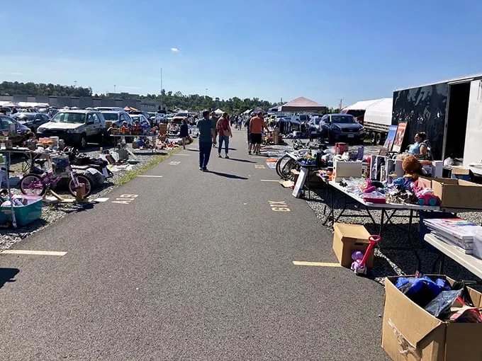 The flea market runway: where fashion finds strut their stuff. This outdoor clothing section is a thrifter's catwalk.