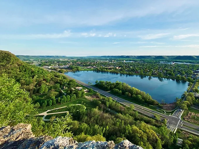 Panoramic perfection: Winona's natural necklace. The Mississippi curves around the town like it's giving it a big, watery hug.