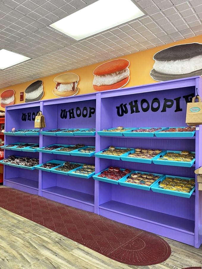 Whoopie wonderland! This wall of treats is like a real-life version of Willy Wonka's chocolate room, minus the Oompa Loompas.